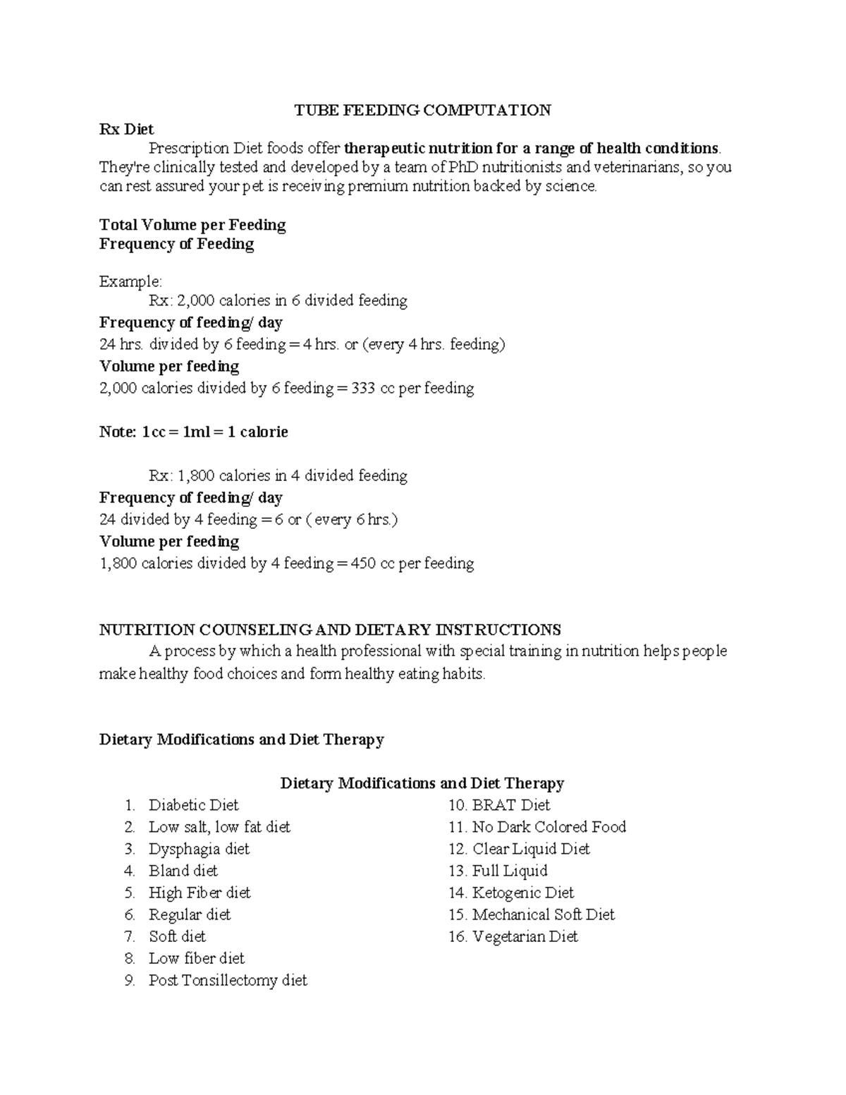 Nutrition-finals - ……. - TUBE FEEDING COMPUTATION Rx Diet Prescription ...