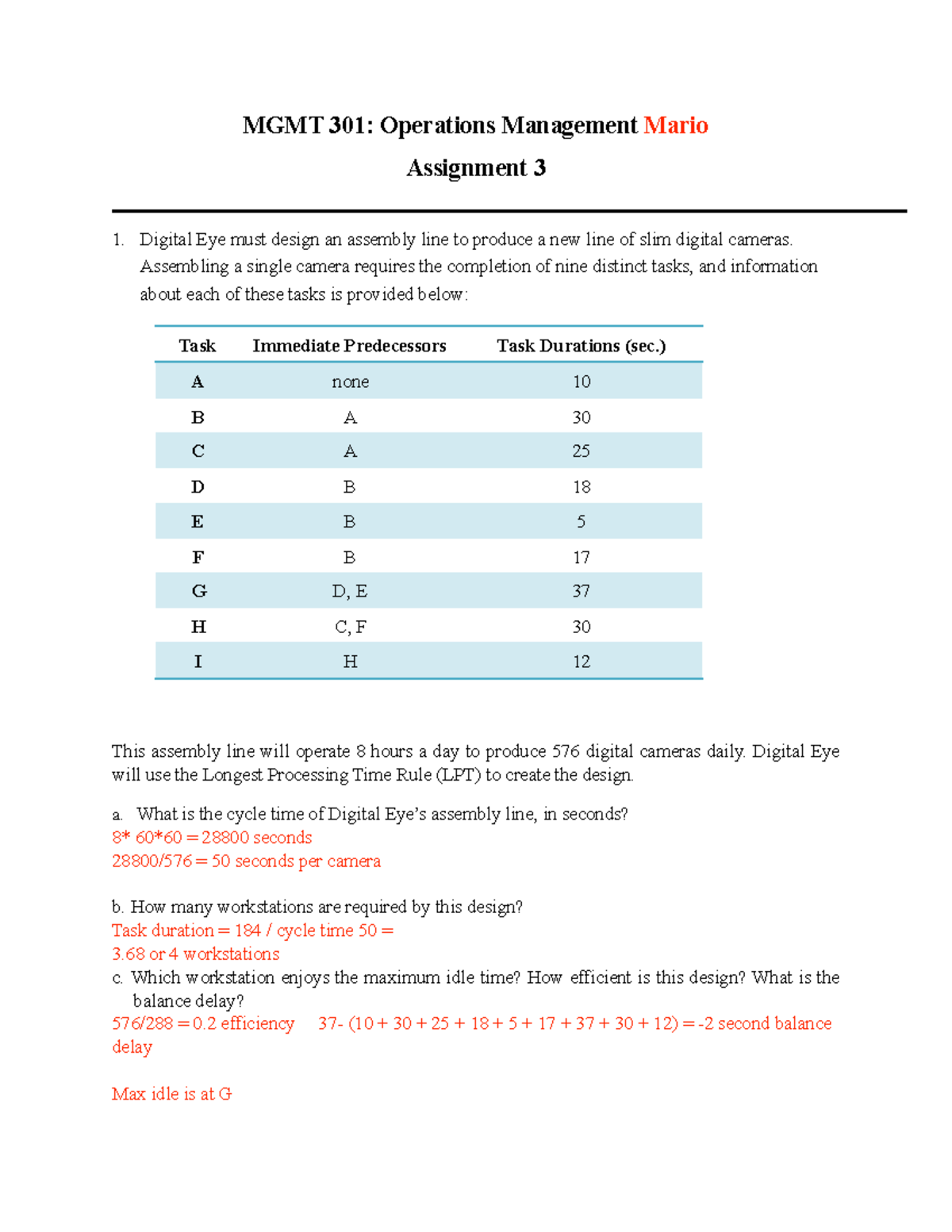 MGMT 301 Assignment 3 summer - MGMT 301: Operations Management Mario ...