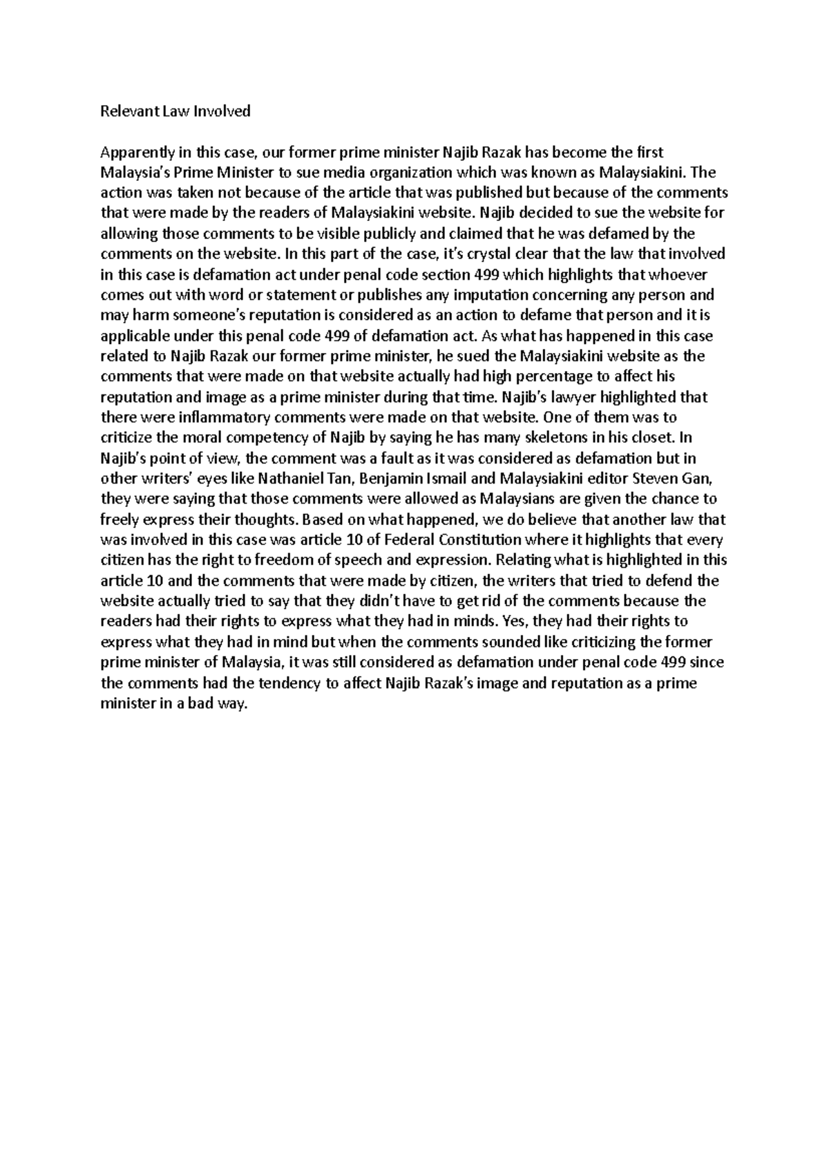 Relevant Law Involved - It is a simple work for a tutorial class and ...