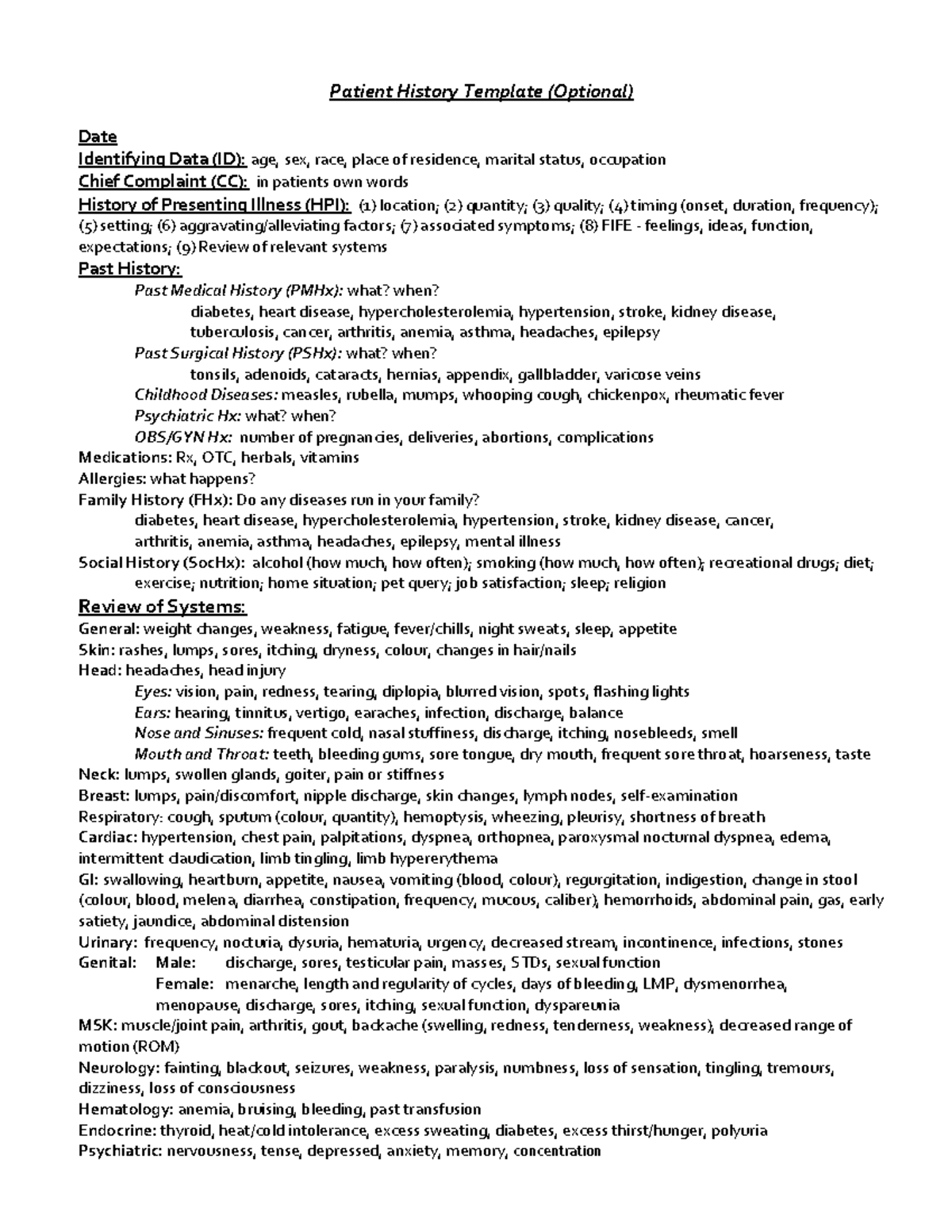 Patient History Template and summary - Patient History Template ...