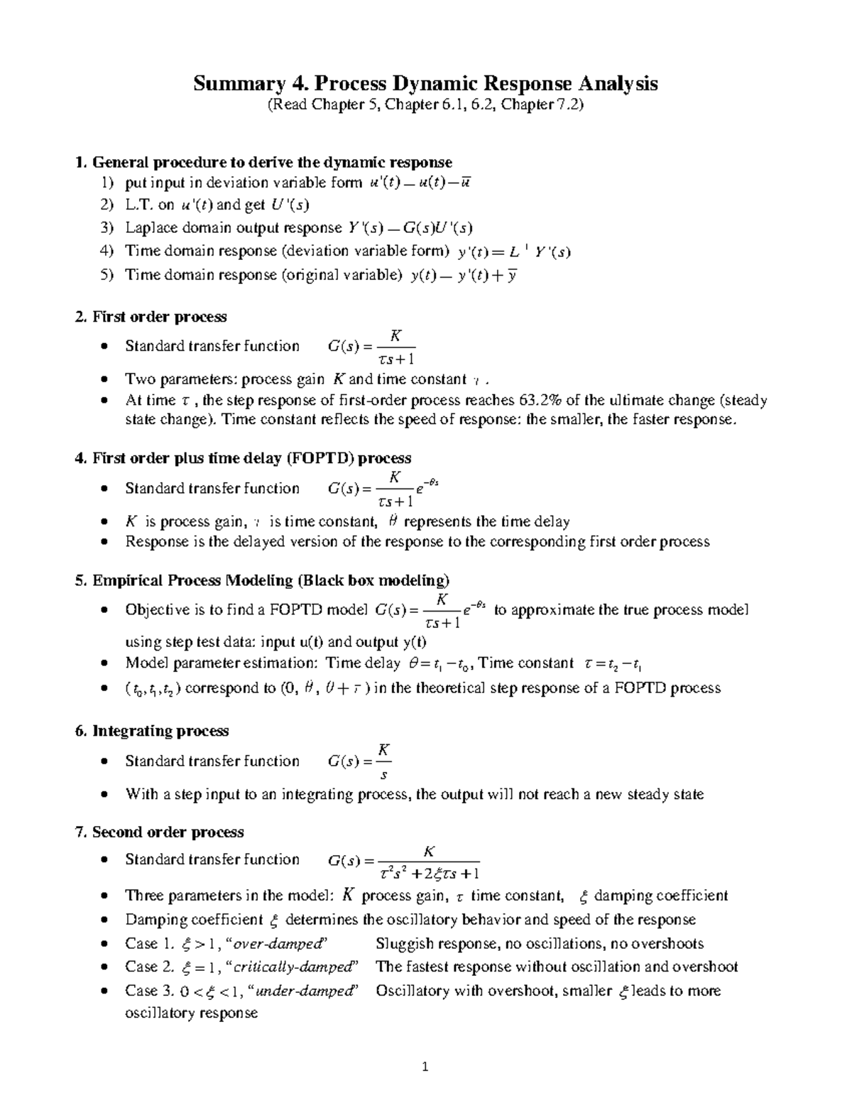 M4f summary - Summary 4. Process Dynamic Response Analysis (Read ...
