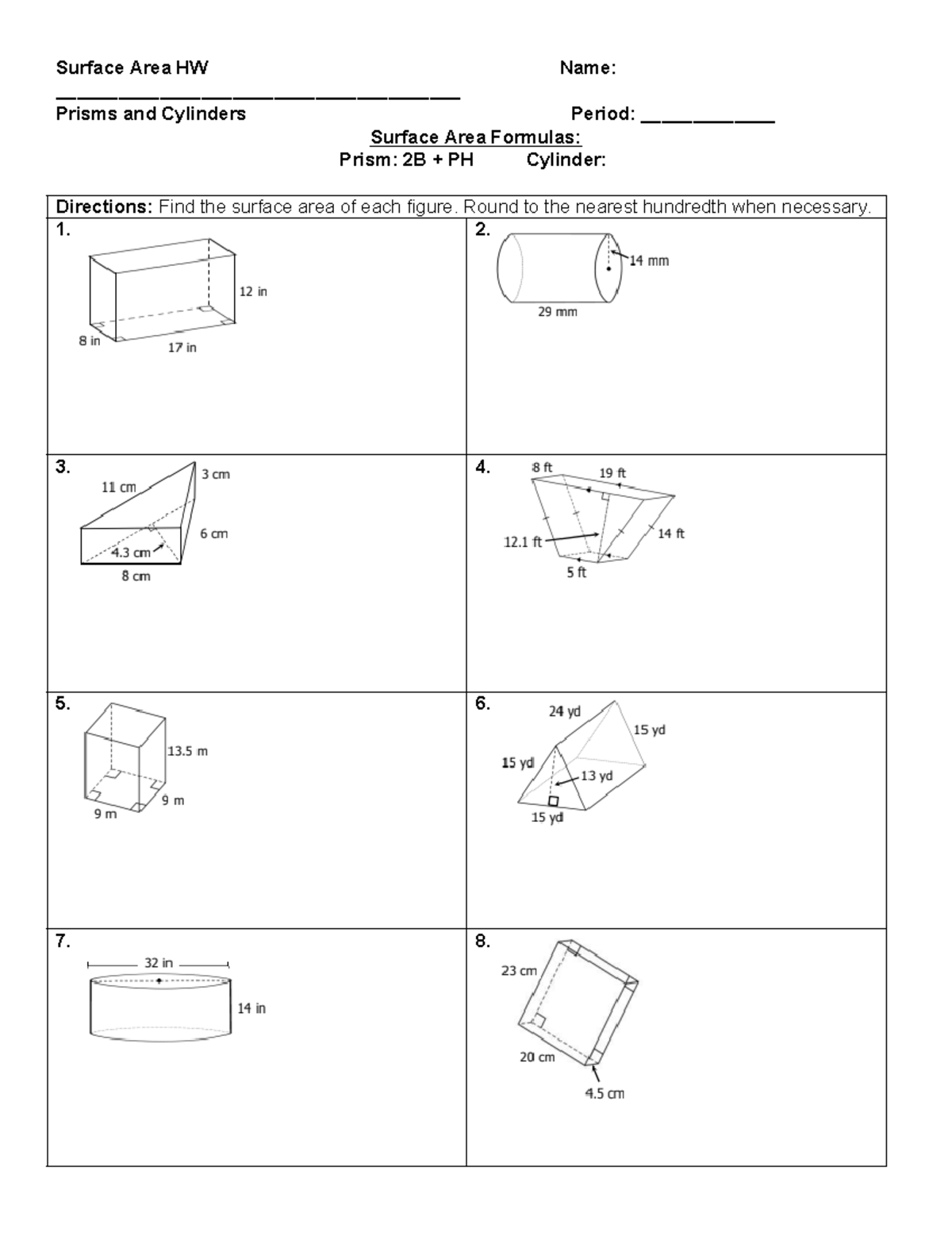 Copy of Surface Area of Prisms and Cylinders Homework - Surface Area HW ...