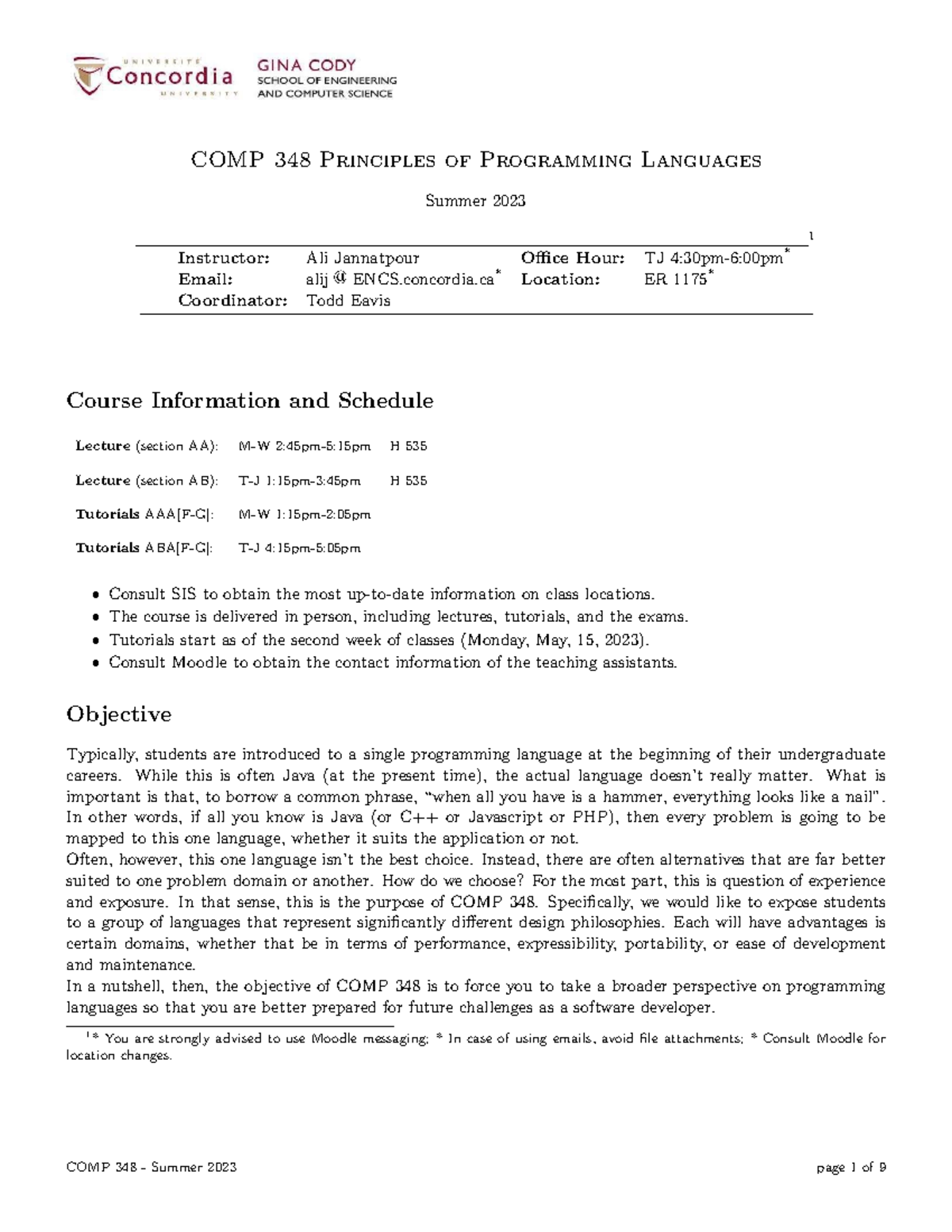 Course outline - COMP 348 Principles of Programming Languages Summer 2023 1 Instructor: Ali ...