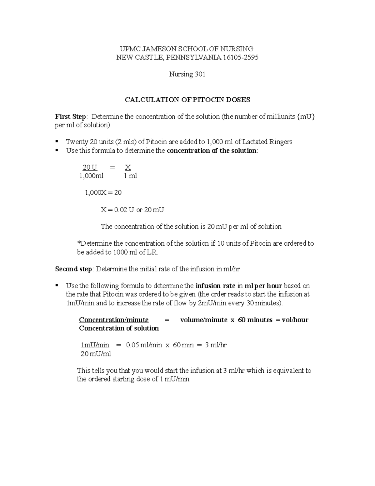 Calculation of Pitocin 2020 - UPMC JAMESON SCHOOL OF NURSING NEW CASTLE ...