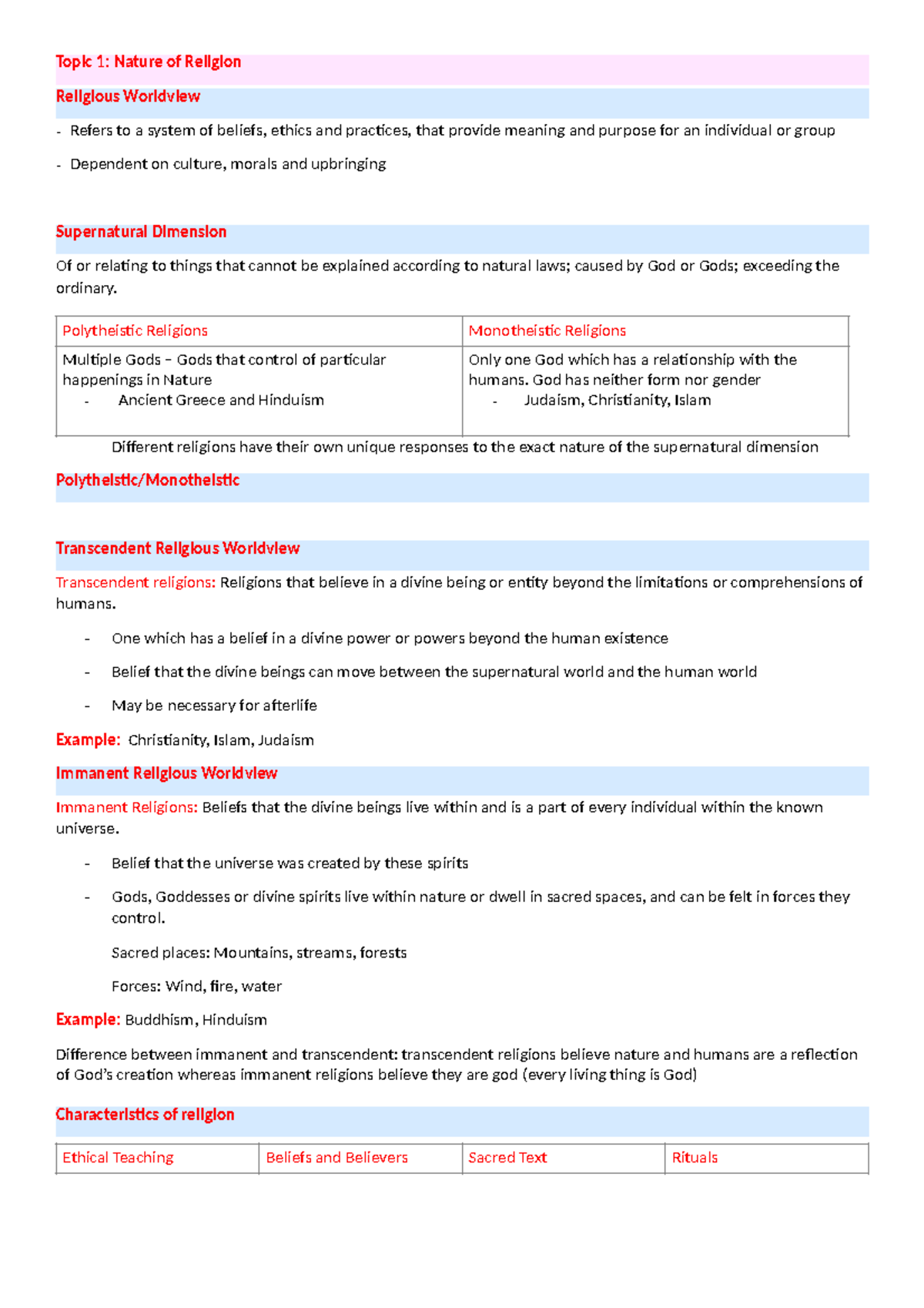 SOR 2 Prelim Notes - Topic 1: Nature of Religion Religious Worldview ...