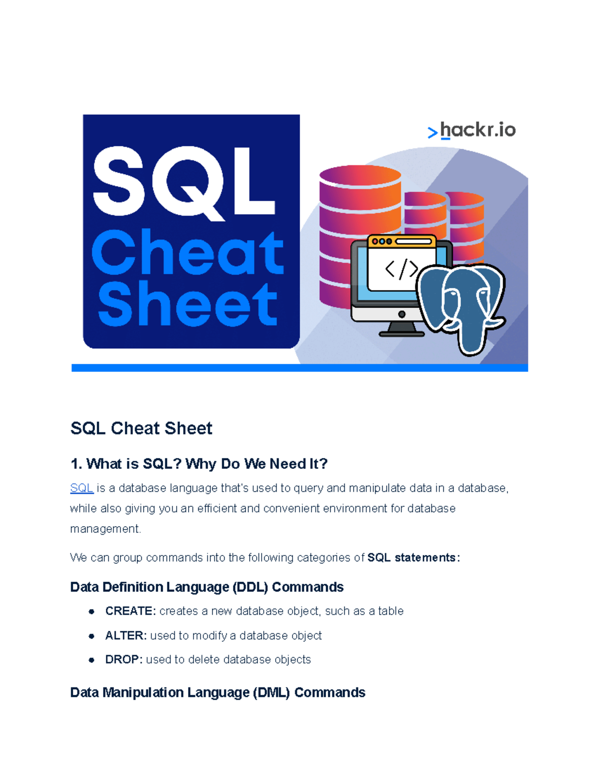 SQL Cheat Sheet - What is SQL? Why Do We Need It? SQL is a database ...