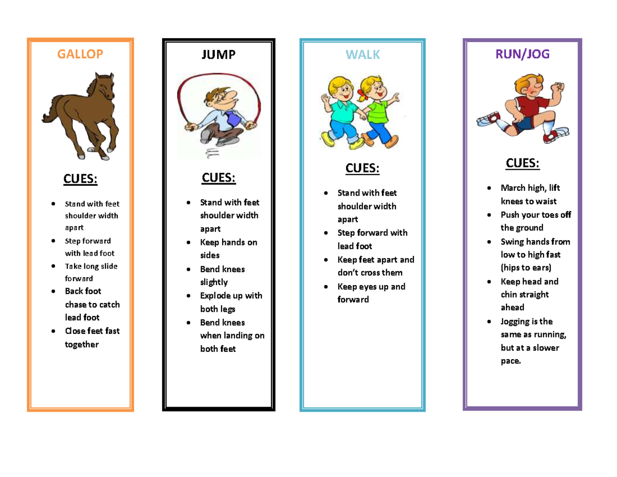 Locomotor Skills with Cues - RUN/JOG CUES: March high, lift knees to ...