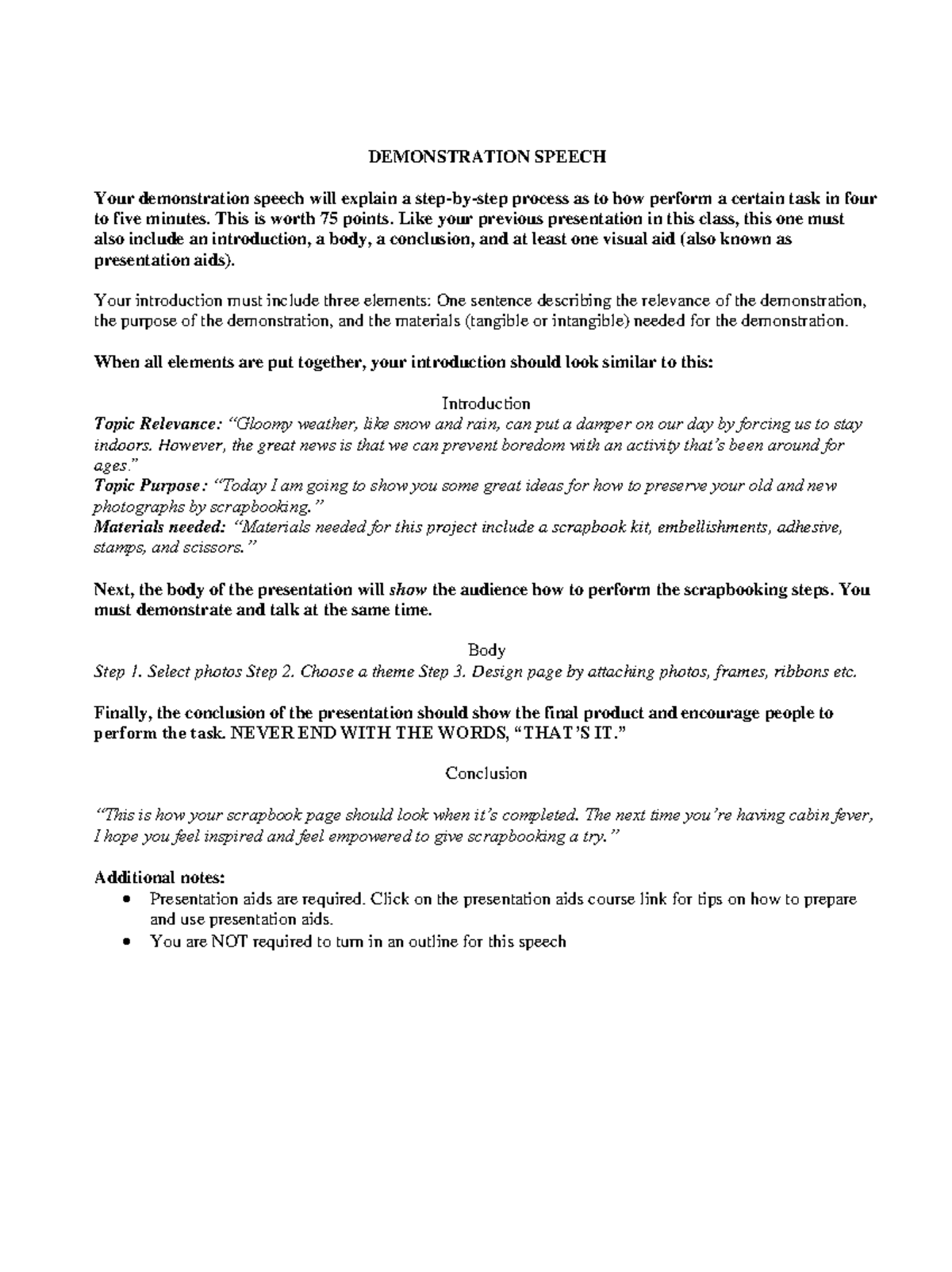 Instructions - DEMONSTRATION SPEECH Your demonstration speech will ...