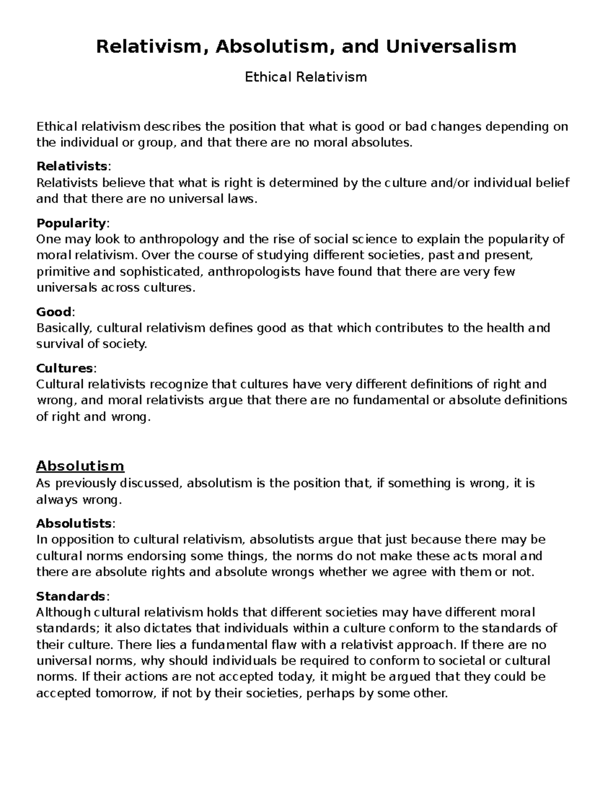 Ethical Relativism - Summary Critical Thinking - Relativism, Absolutism ...