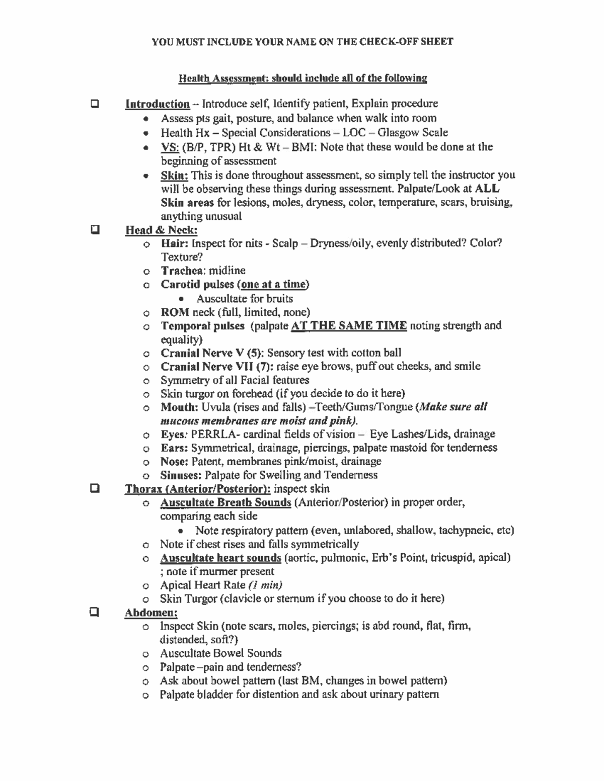 Student Example of Health Assessment Sheet - YOU MUST INCLUDE YOUR NAME ...
