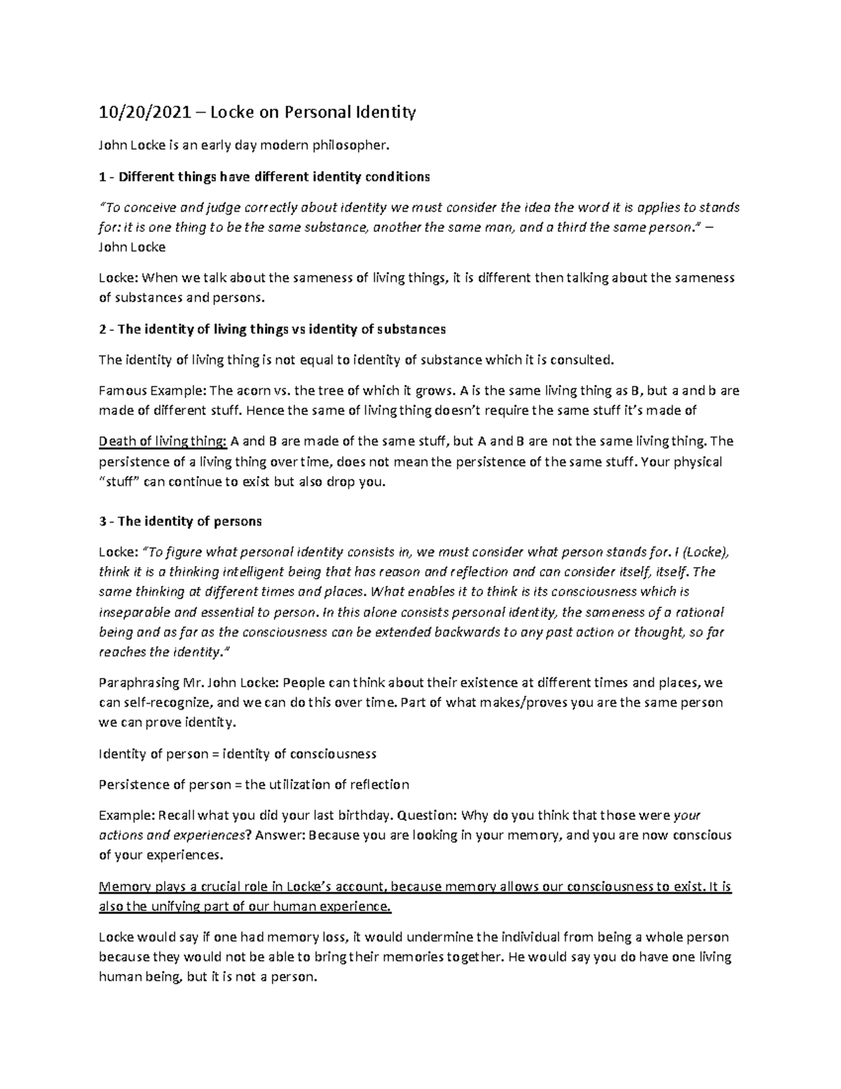 Lecture 4.2 John Locke on Personal Identity - 10/20/2021 – Locke on ...