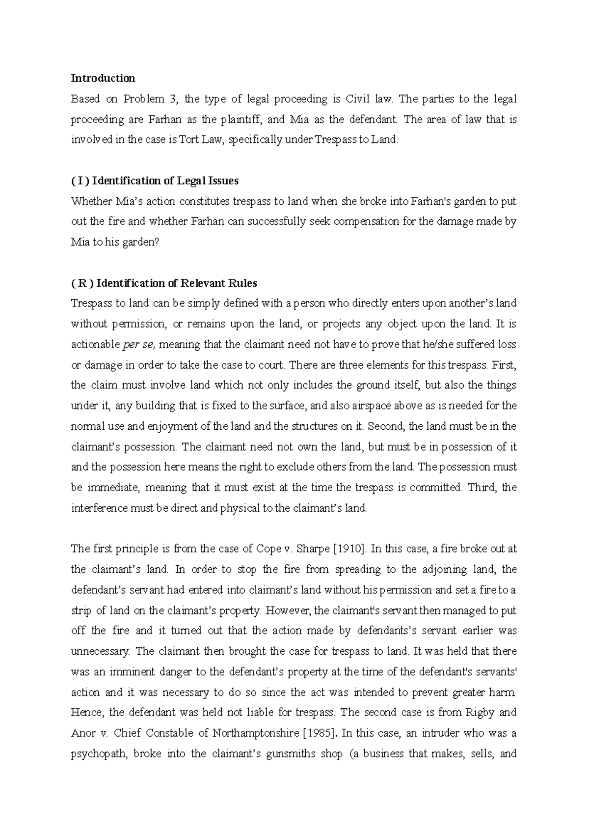 Legal Opinion - OSCE - Introduction Based on Problem 3, the type of ...