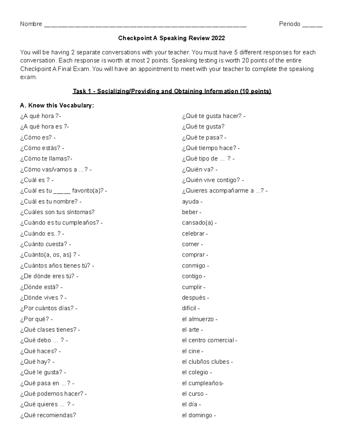 - Kami Export - Checkpoint A Speaking Review 2022 - Nombre - Studocu
