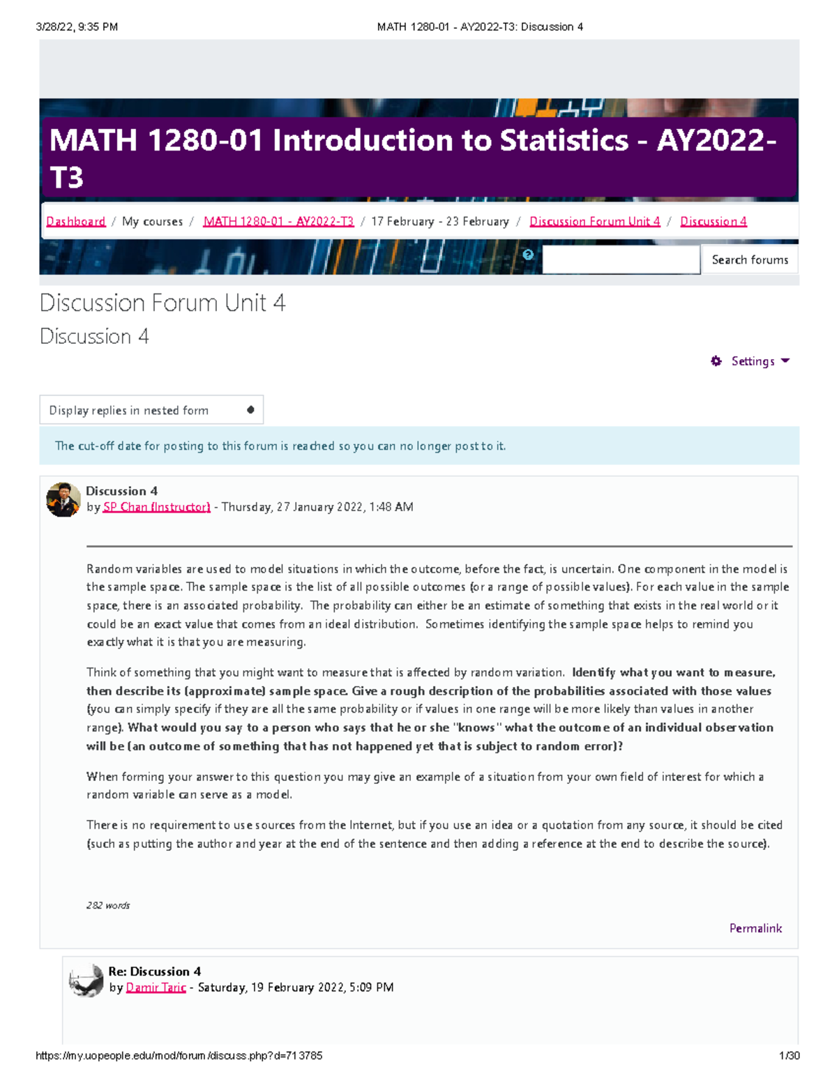 MATH 1280-01 - AY2022-T3 Discussion 4 - MATH 1280-01 Introduction to Statistics - AY2022- T ...