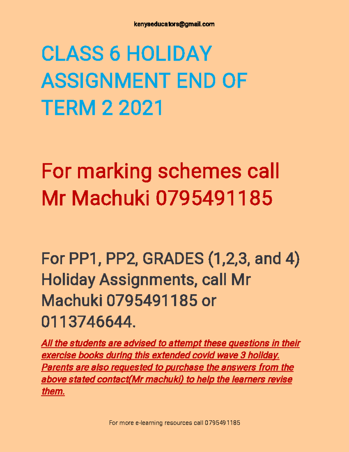 Class 6 Holiday Assignment - k e n y a e d u c a t o r s @g ma i l. c o ...