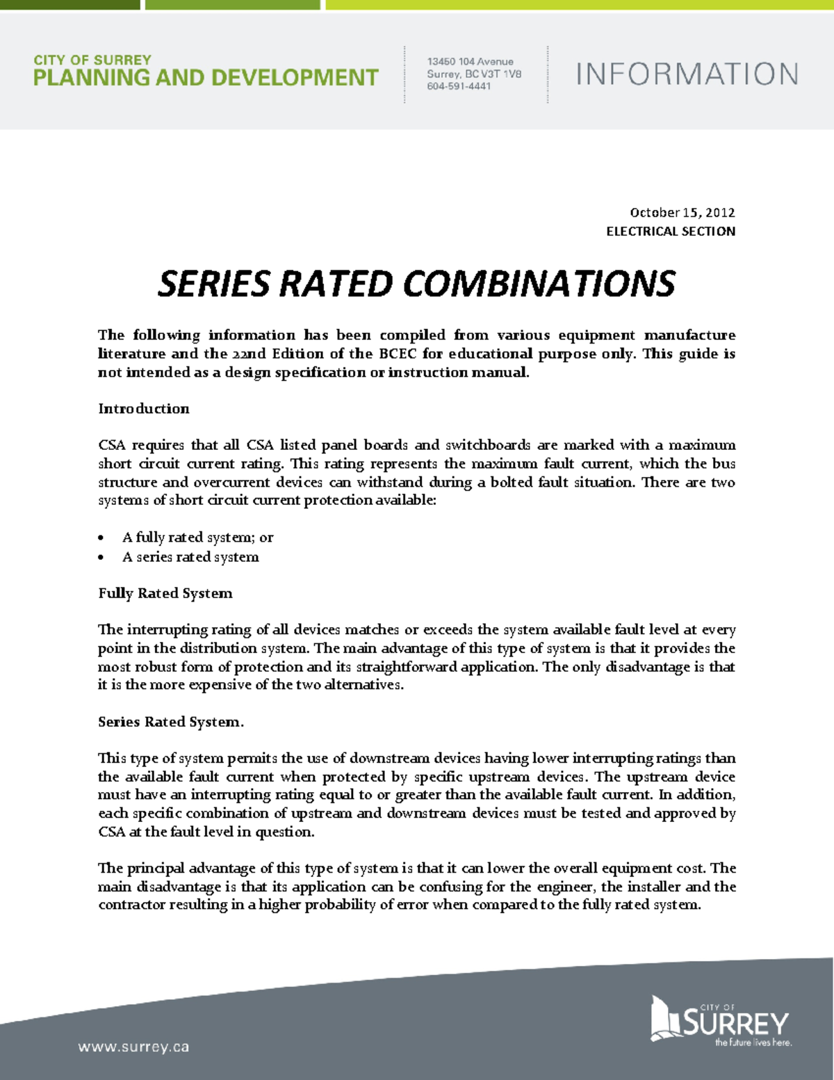 Series Rated Combination Bulletin - October 15, 2012 ELECTRICAL SECTION ...