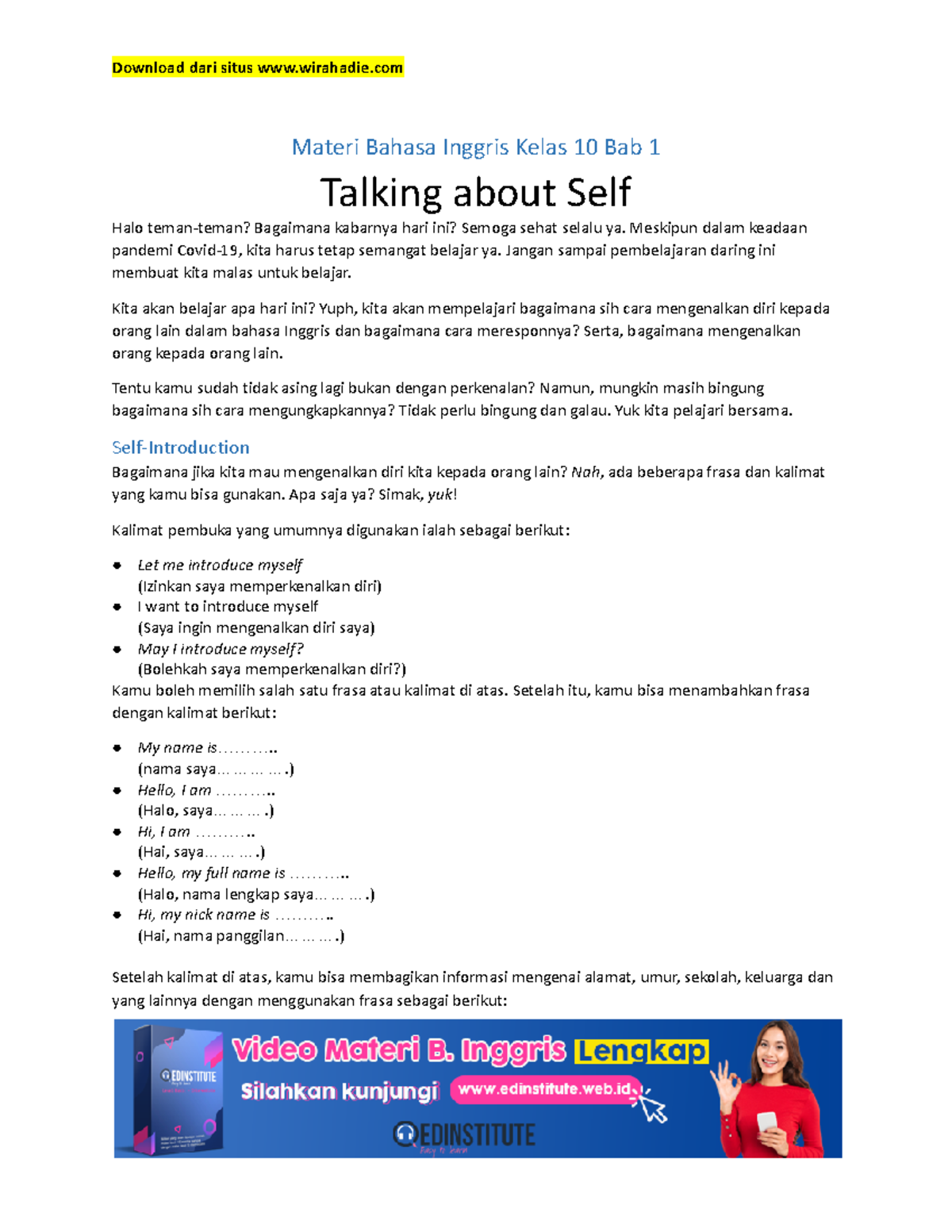 Talking about Self - Materi Bahasa Inggris Kelas 10 Bab 1 Talking about Self Halo teman-teman ...