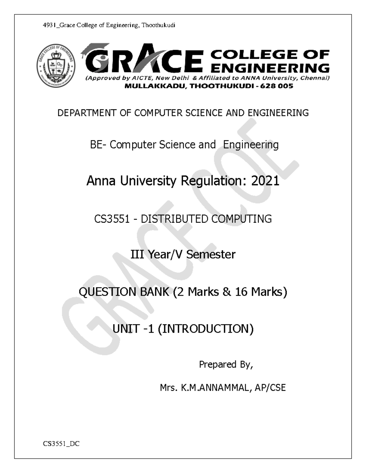 V CSE CS3551 DC QB Unit-1 - DEPARTMENT OF COMPUTER SCIENCE AND ENGINEERING BE- Computer Science ...
