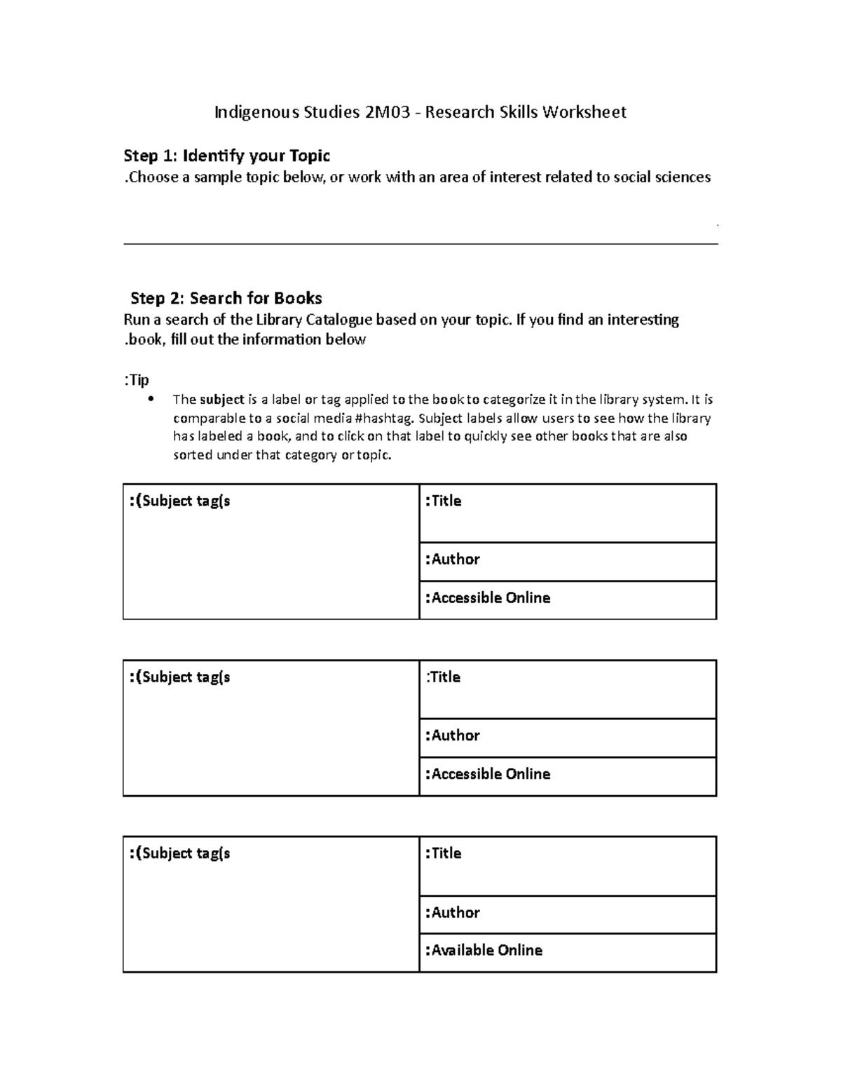 2M03 Library Session Research Skills Worksheet - Indigenous Studies ...