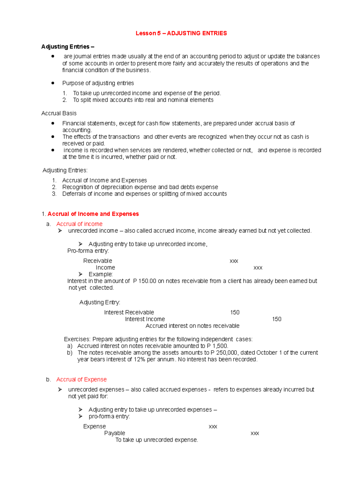 Unit II Lesson 5 and 6 Adjusting Entries and FS - Lesson 5 – ADJUSTING ...