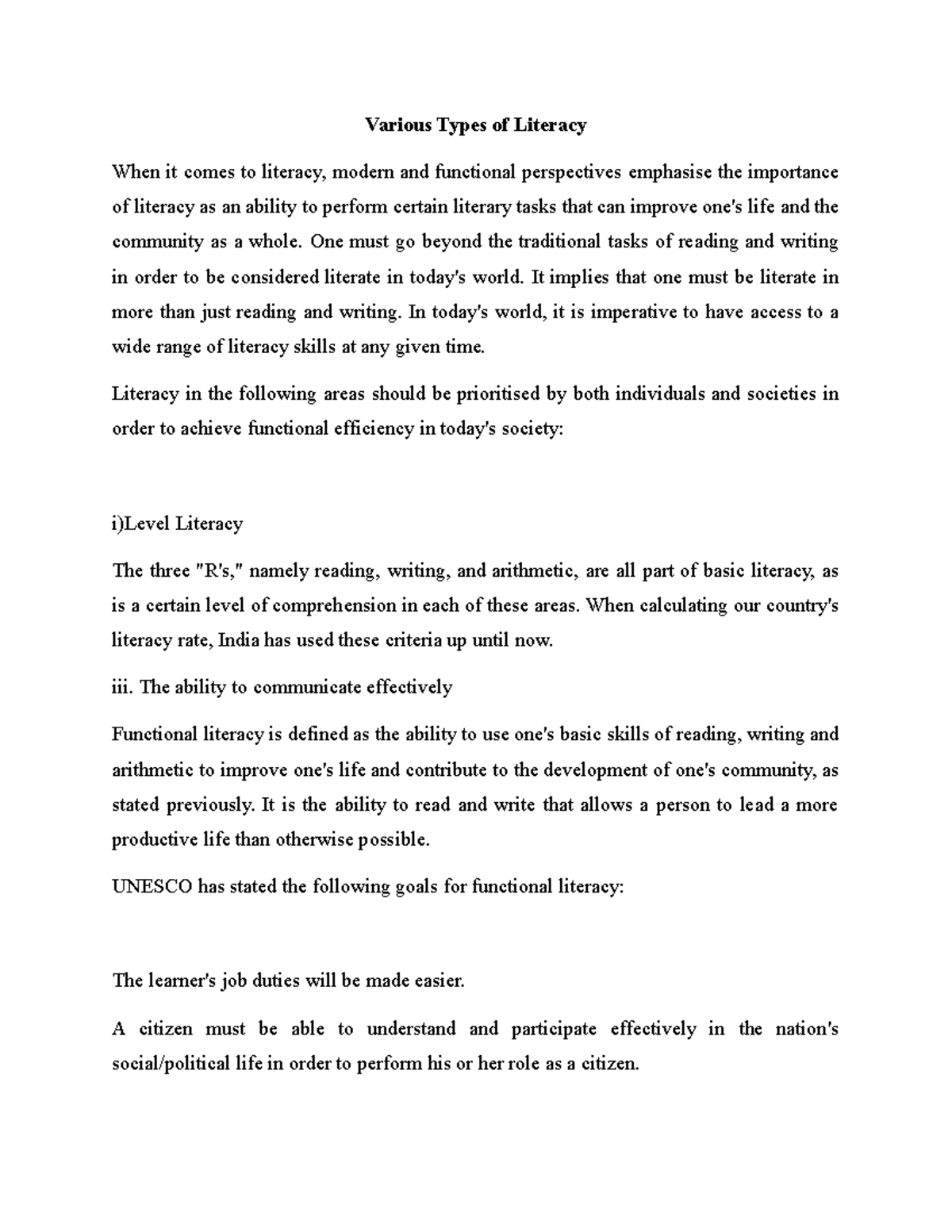 Various Types of Literacy - One must go beyond the traditional tasks of ...