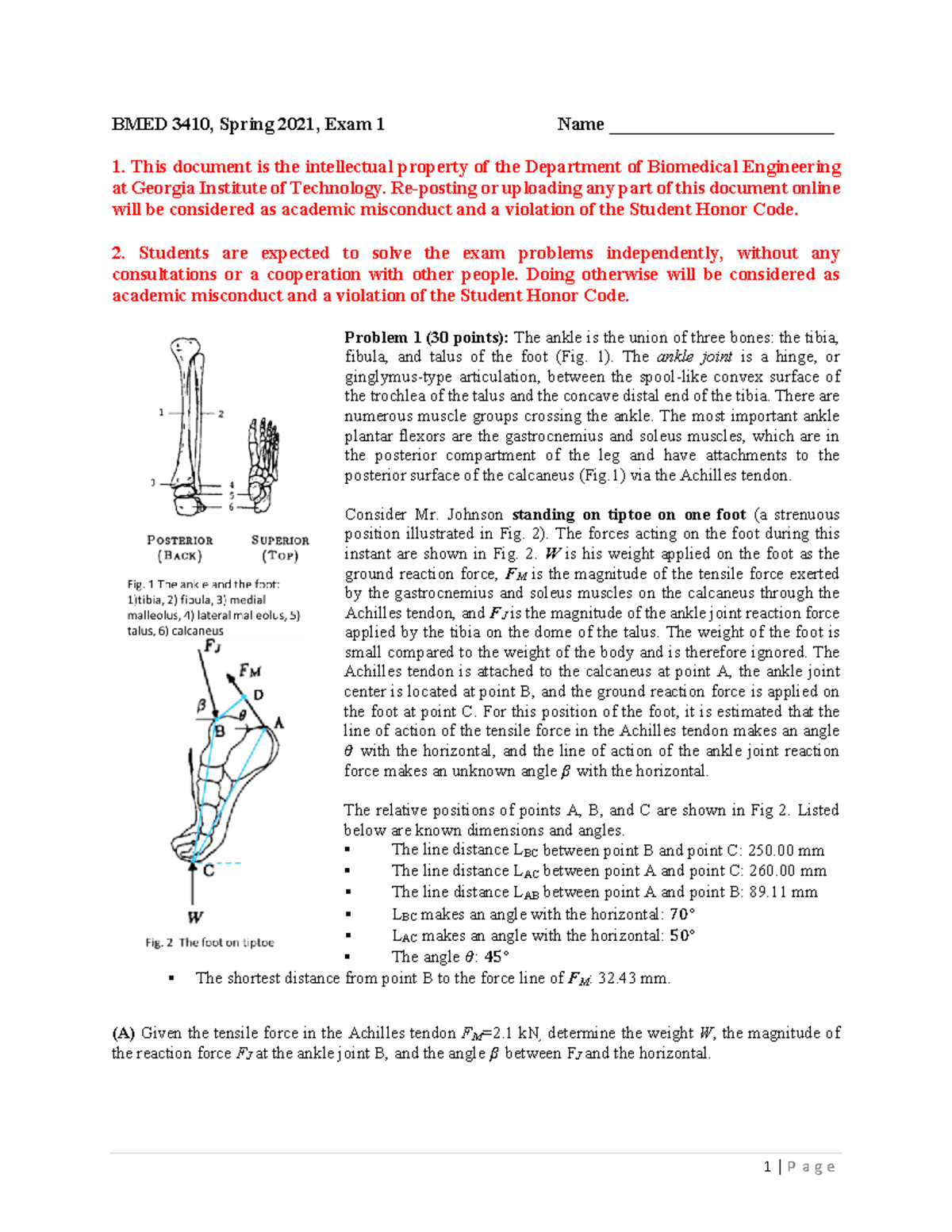 BMED 3410 Exam 1 2021 - Practice Exam - BMED 3410, Spring 2021, Exam 1 ...