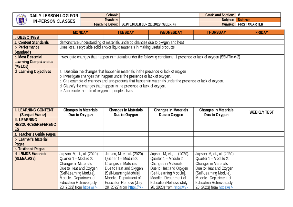G5 Q1W4 DLL Science MELCs - DAILY LESSON LOG FOR IN-PERSON CLASSES ...