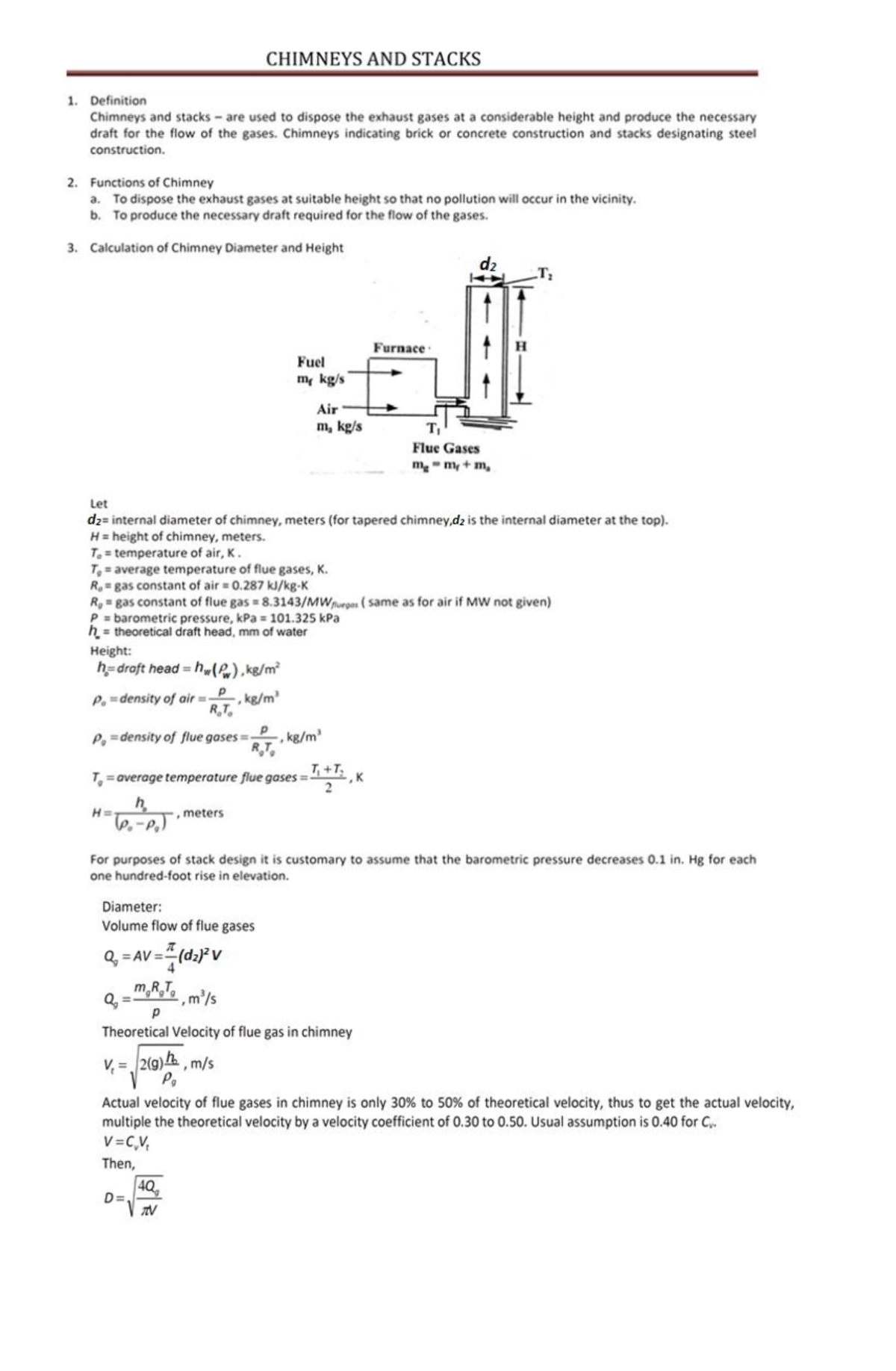 9.2 Chimney- Formulas - Notes - CHIMNEYS AND STACKS 1. Definition ...