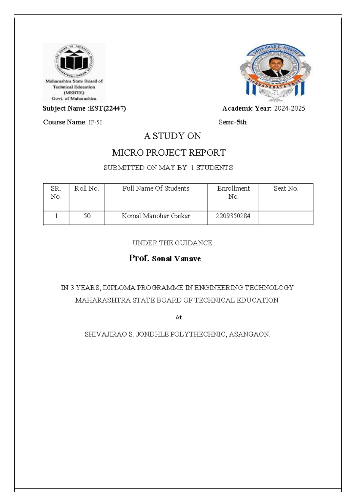 Komal@est - Third year student - Subject Name :EST(22447) Academic Year ...