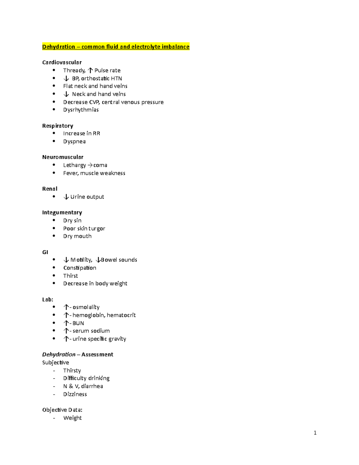 Dehydration Outline - Dehydration – common fluid and electrolyte ...