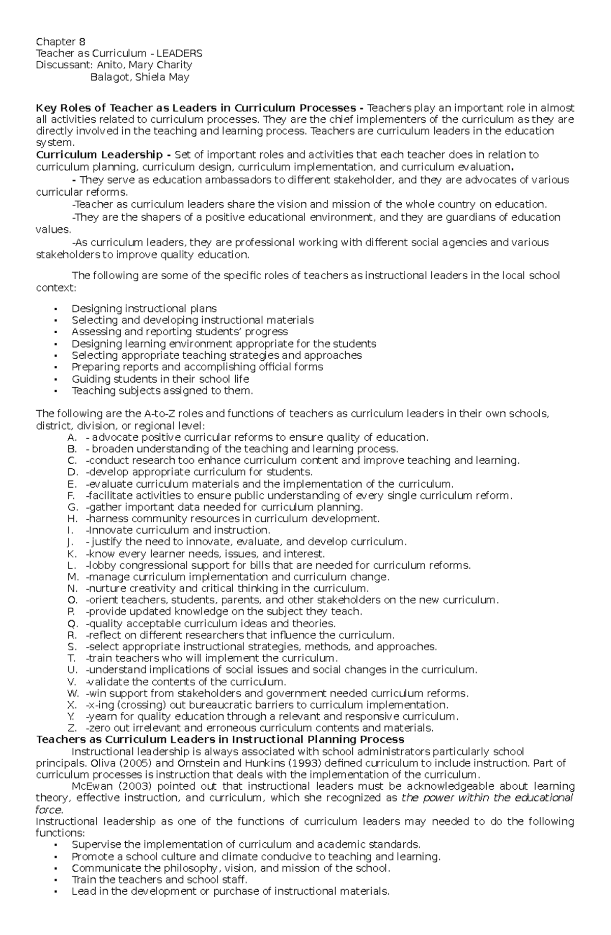 Chapter-8- Handout - Chapter 8 Teacher as Curriculum - LEADERS Discussant: Anito, Mary Charity ...
