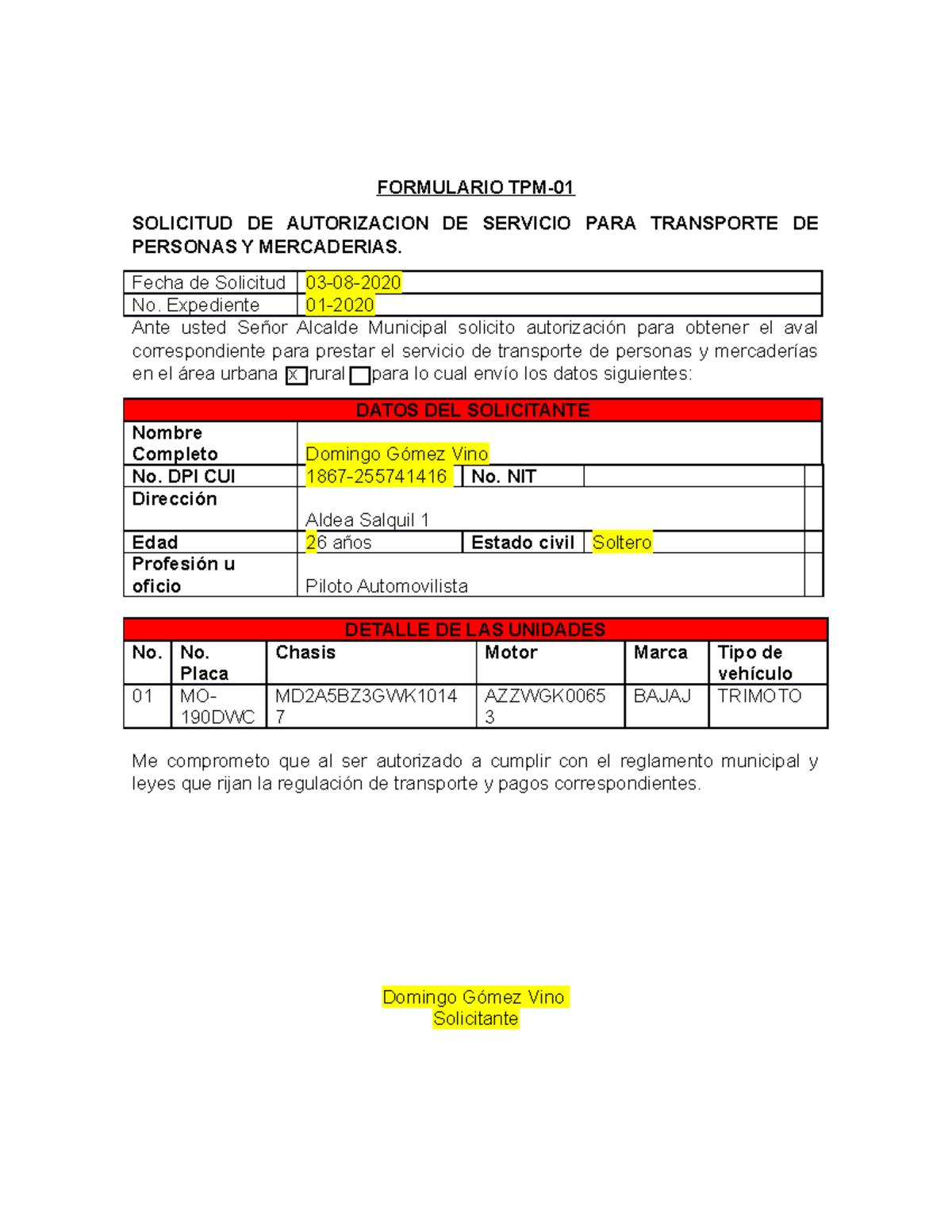 Formulario PARA Solicitud DE Transporte - FORMULARIO TPM- SOLICITUD DE AUTORIZACION DE SERVICIO ...