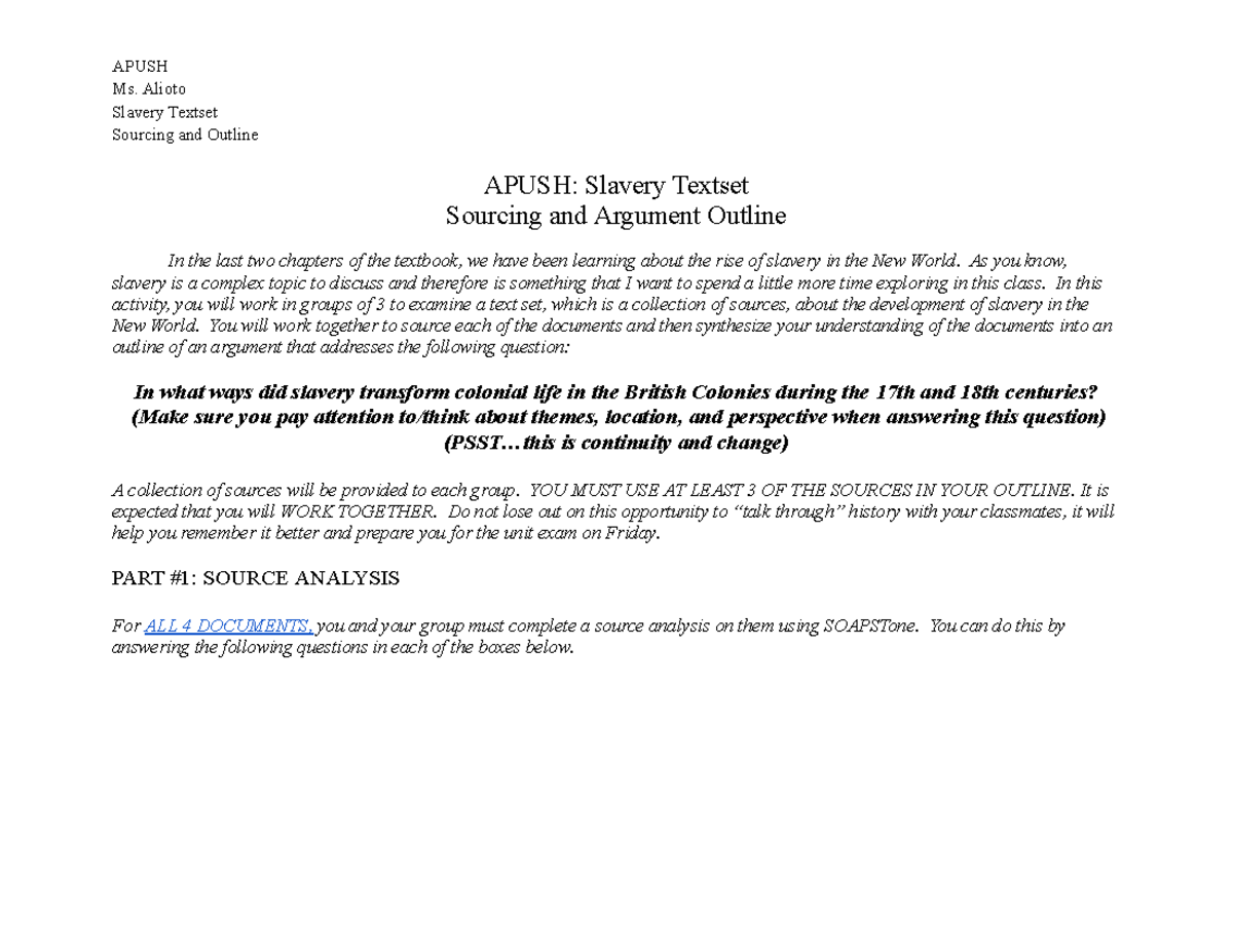 Copy of Apush Slavery Text Set Worksheet - Google Docs - APUSH Ms ...