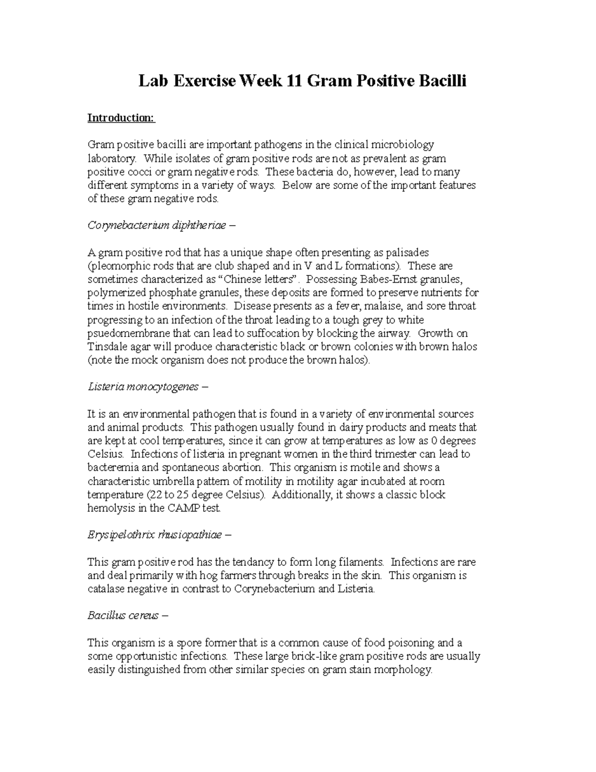 Lab Week 11 2013 Final - Lab Exercise Week 11 Gram Positive Bacilli Introduction: Gram positive ...