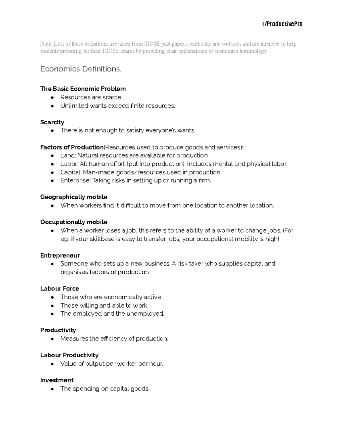Economics Definitions Igcse - Note: Lots of these definitions are taken ...