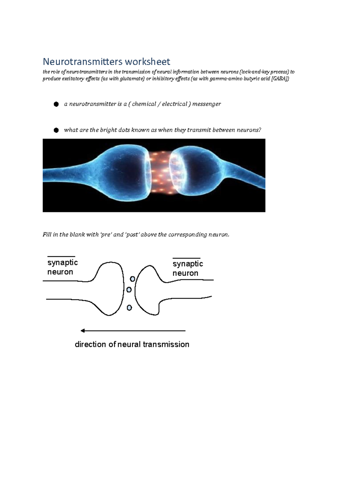 Neurotransmitters - These are practice questions for extra revision ...