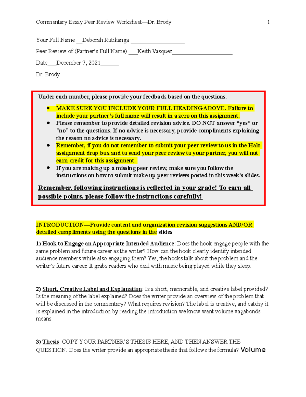 Commentary Peer Review Worksheet - Your Full Name __Deborah Rutikanga ...