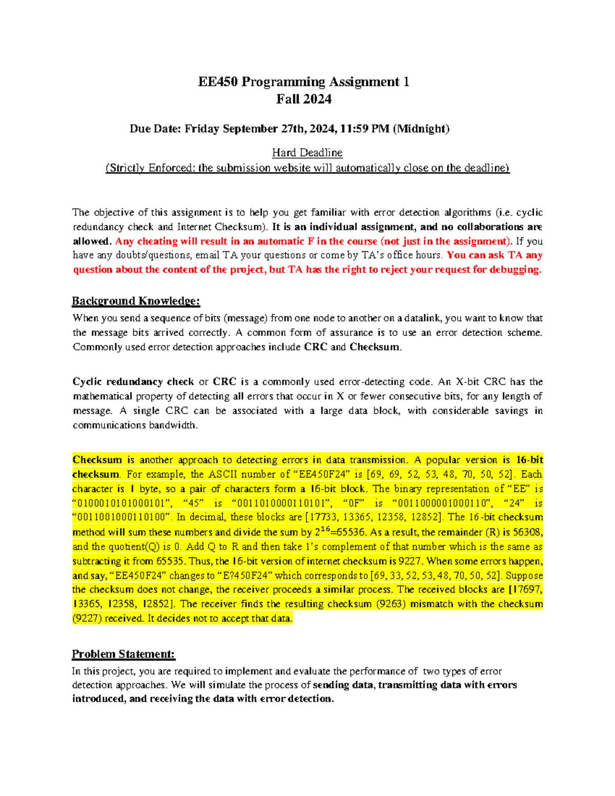 EE450 PA Fall2024 - EE450 Programming Assignment 1 Fall 202 4 Due Date: Friday September 27th ...