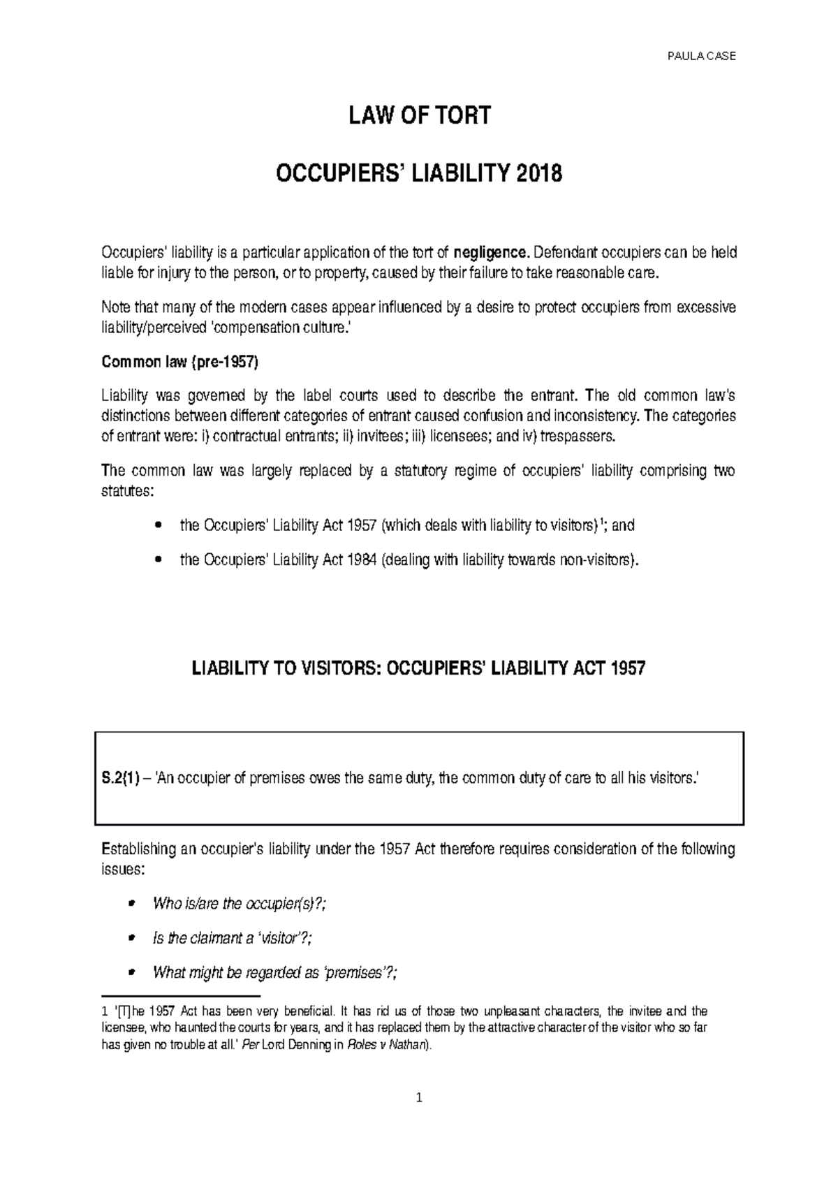Occupiers Liability Handout 2018 - LAW OF TORT OCCUPIERS’ LIABILITY ...