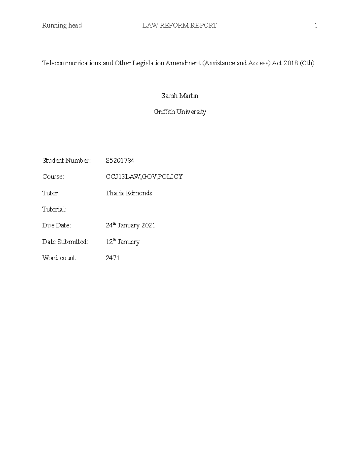 Law Reform Report - Running head LAW REFORM REPORT 1 Telecommunications ...