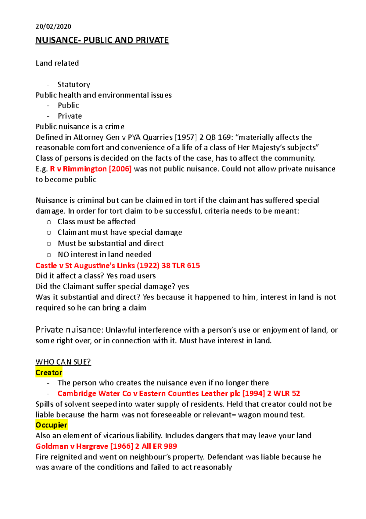 Nuisance - 20/02/ NUISANCE- PUBLIC AND PRIVATE Land related Statutory ...
