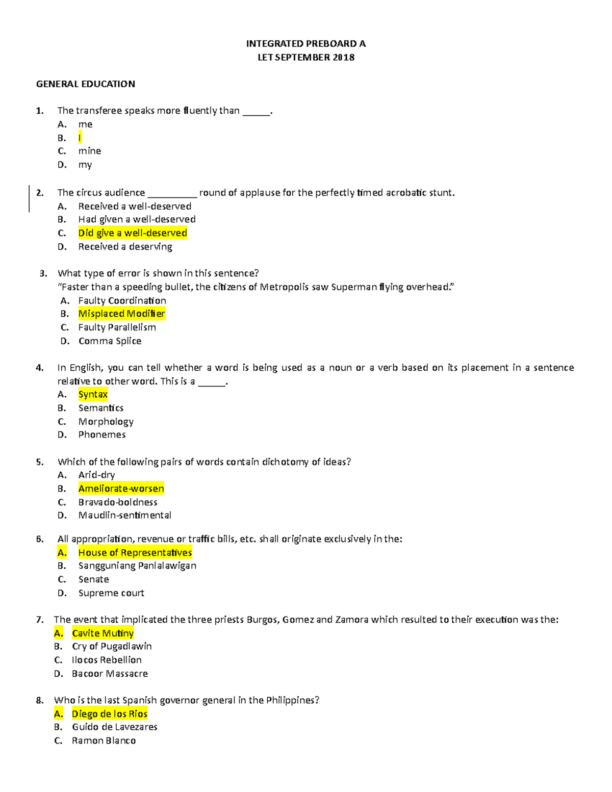 Preboard GEN ED 100 items QA - INTEGRATED PREBOARD A LET SEPTEMBER 2018 ...