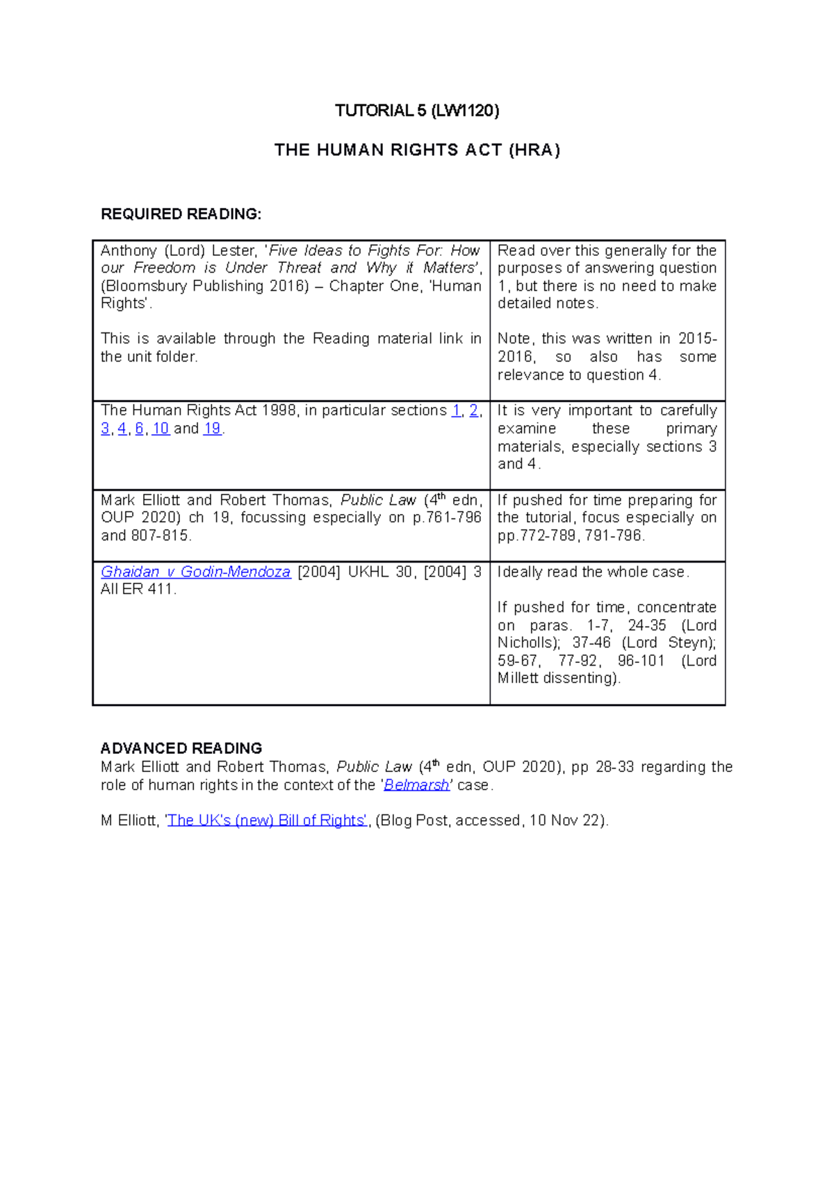 5 tut - hr - law notes - TUTORIAL 5 (LW1120) THE HUMAN RIGHTS ACT (HRA ...