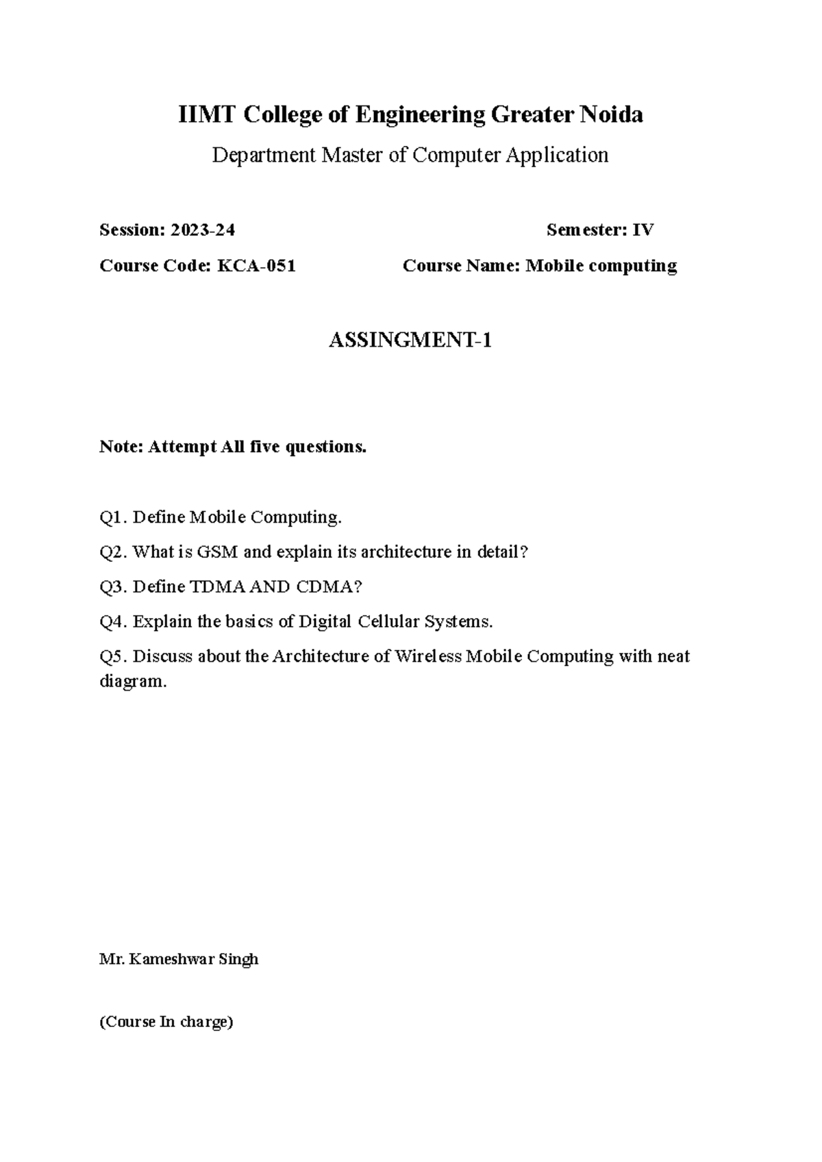 Assingment mobile computing - Department Master of Computer Application Session: 2023-24 ...