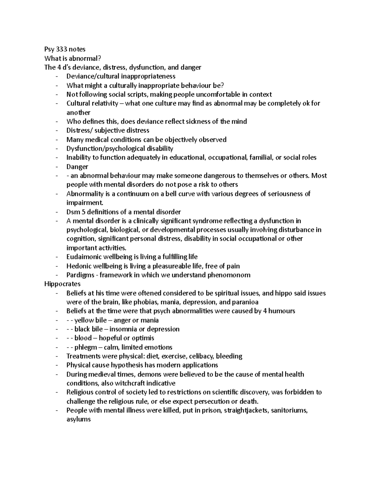 Psy 333 notes - Psy 333 notes What is abnormal? The 4 d’s deviance ...