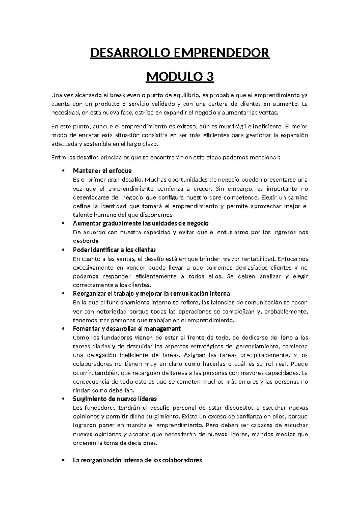 Resumen Modulo 3 - desarrollo - DESARROLLO EMPRENDEDOR MODULO 3 Una vez alcanzado el break even ...