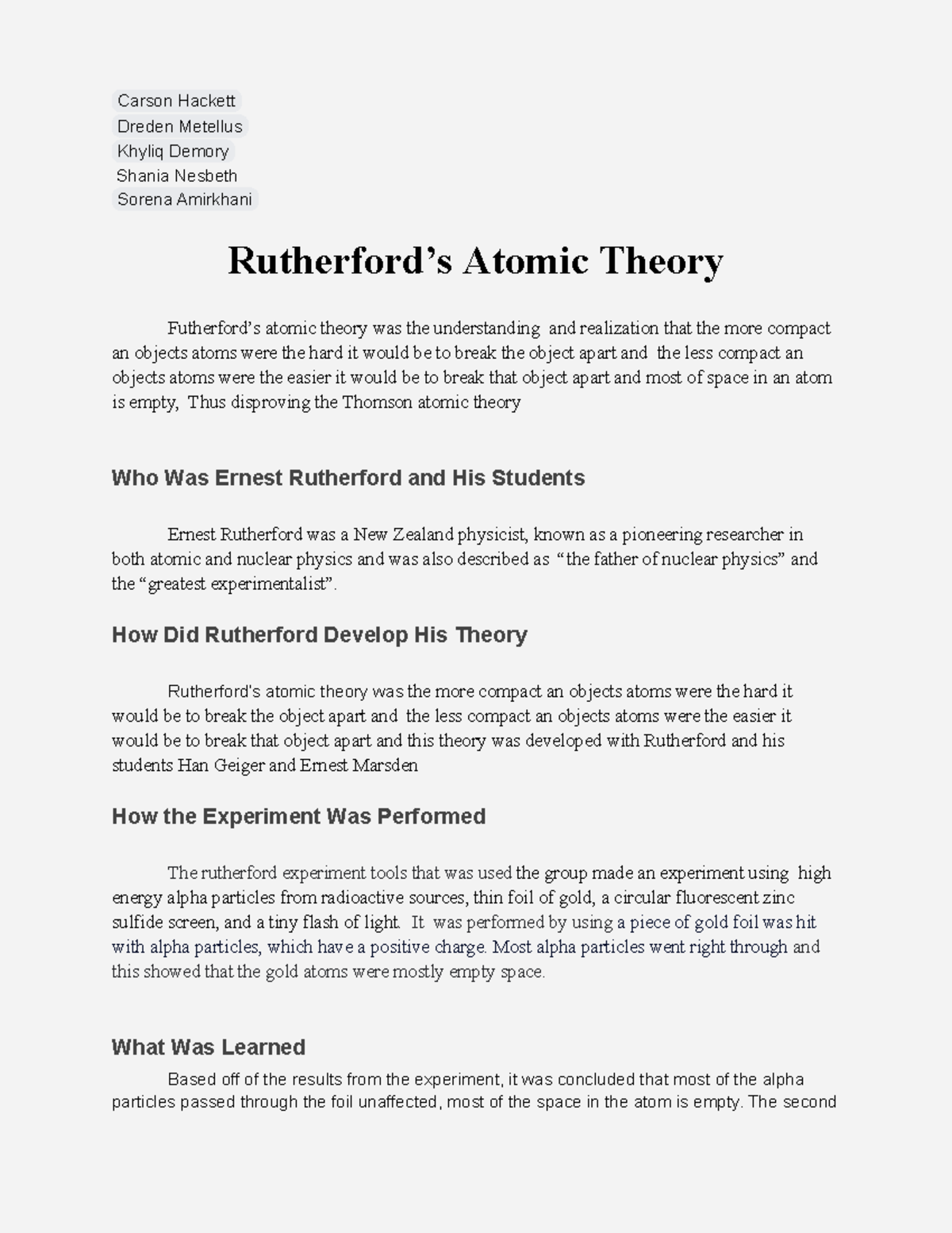 Rutherford's Atomic Theory - Carson Hackett Dreden Metellus Khyliq ...