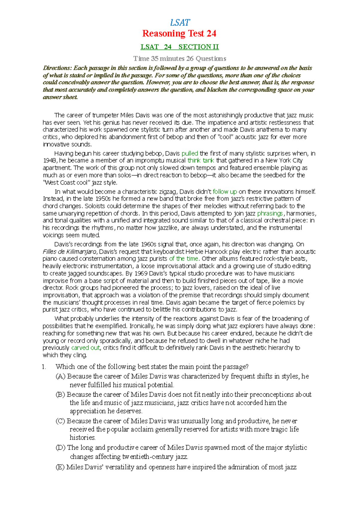 LSAT Reasoning Test 24 - LSAT Reasoning Test 24 LSAT 24 SECTION II Time ...