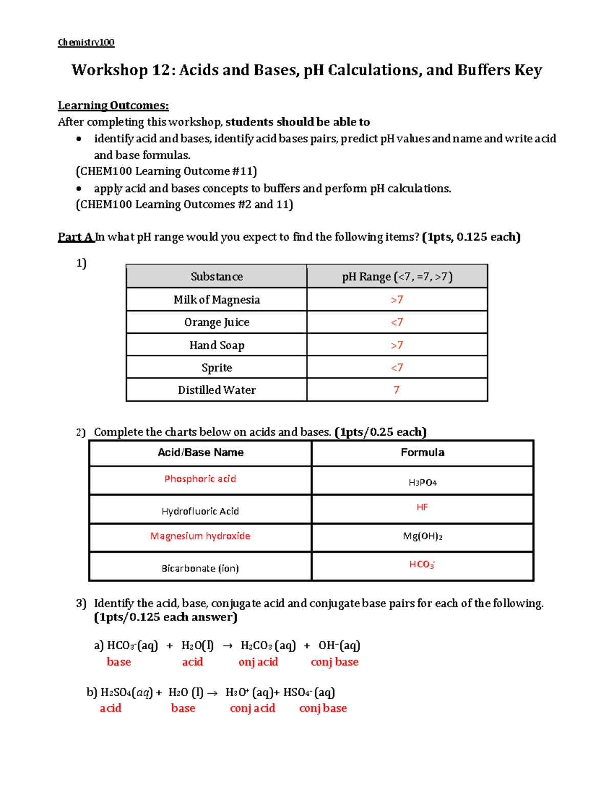 Wk #12 key - ANSWER KEY TO WORKSHOP 12 - Workshop 12: Acids and Bases ...