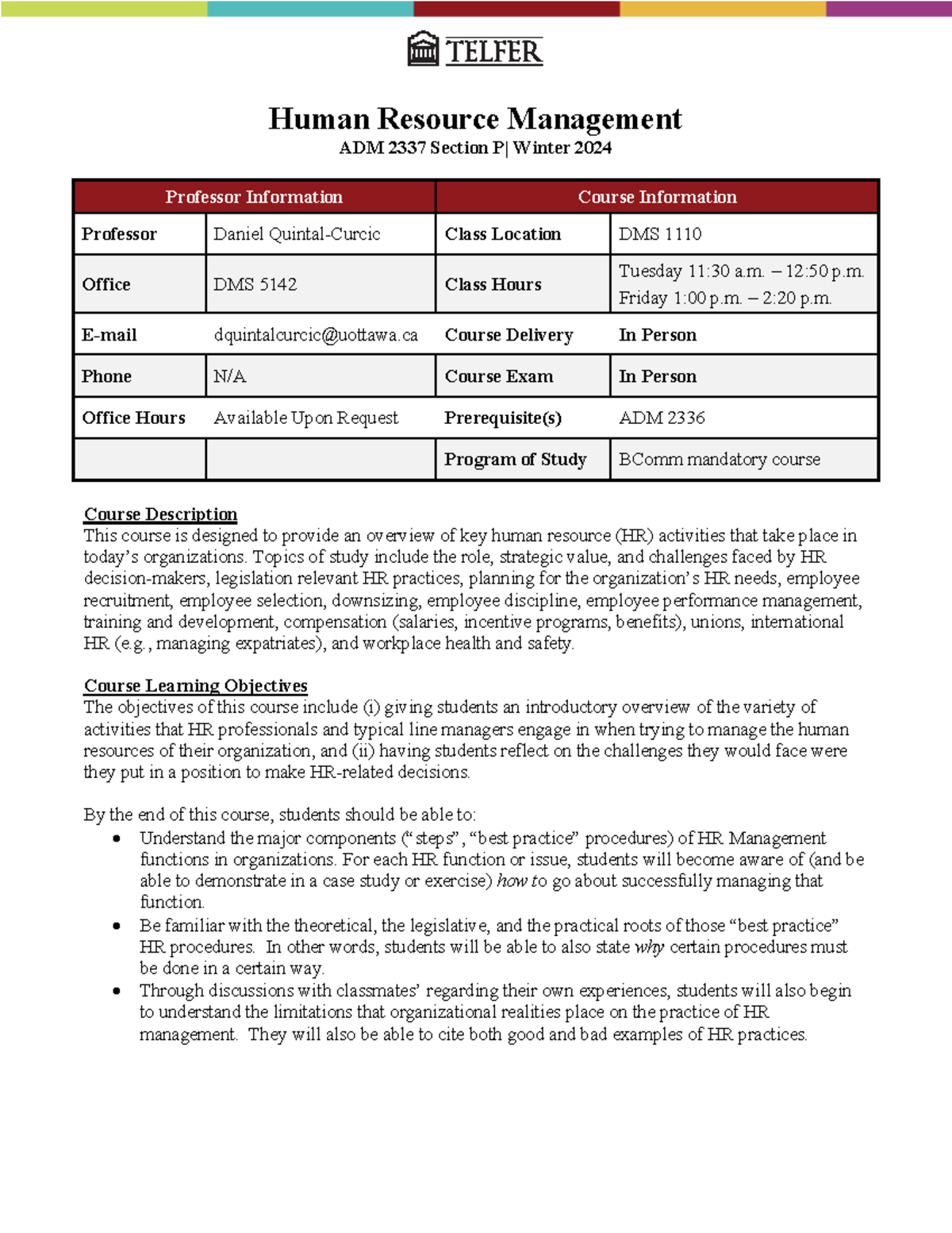 ADM 2337- Section P Course Outline - Human Resource Management ADM 2337 ...